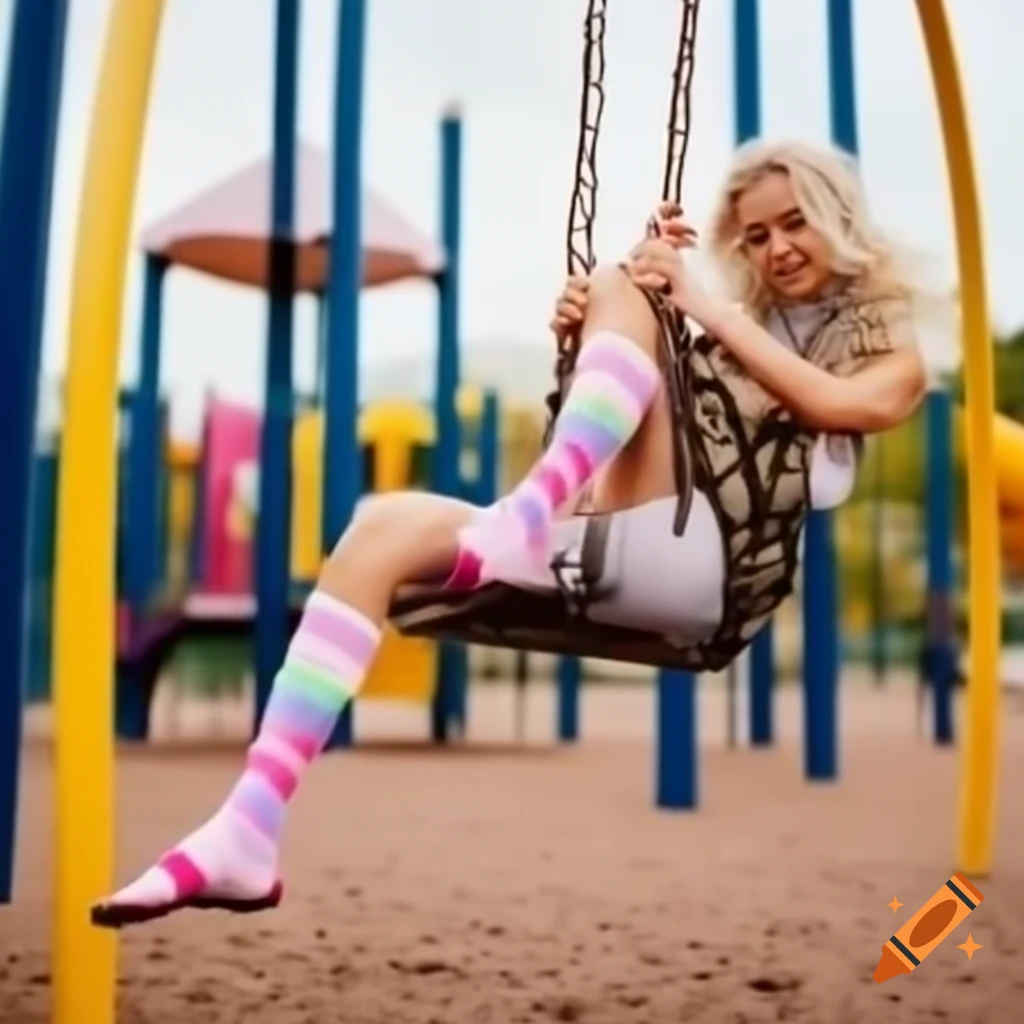 Woman swinging in playground showcasing colorful striped ankle socks on Craiyon