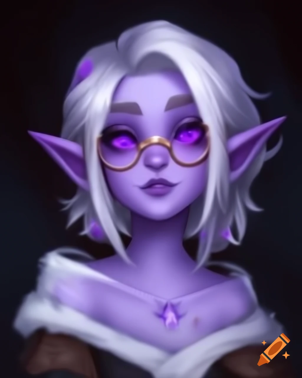 Highly detailed portrait of a cute high fantasy elf with purple eyes and white hair on Craiyon