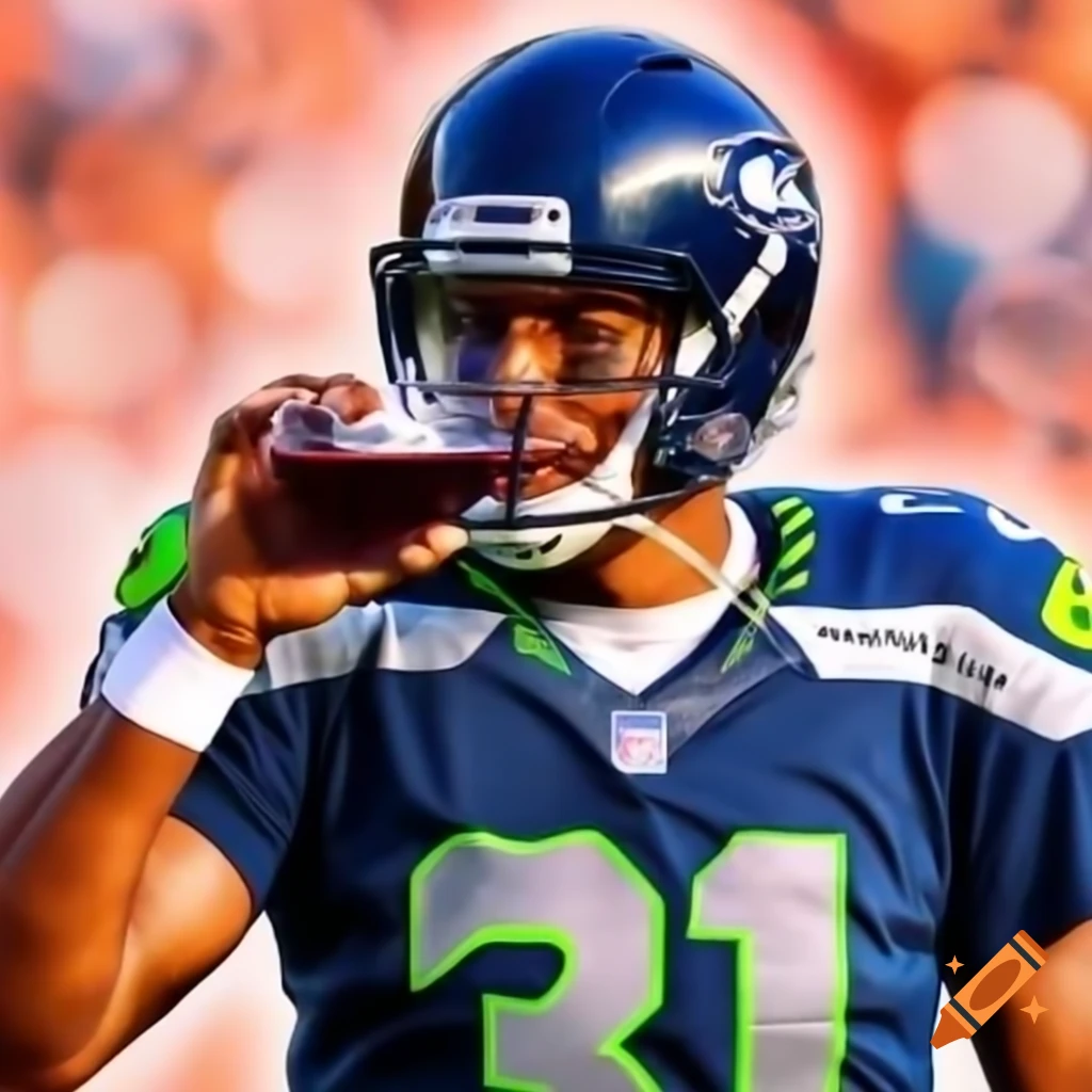 Seattle Seahawks player enjoying red wine in digital art style on Craiyon