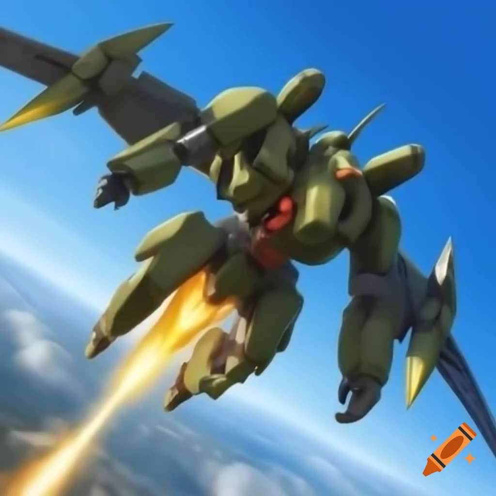 Giant mecha flying with boosters on Craiyon