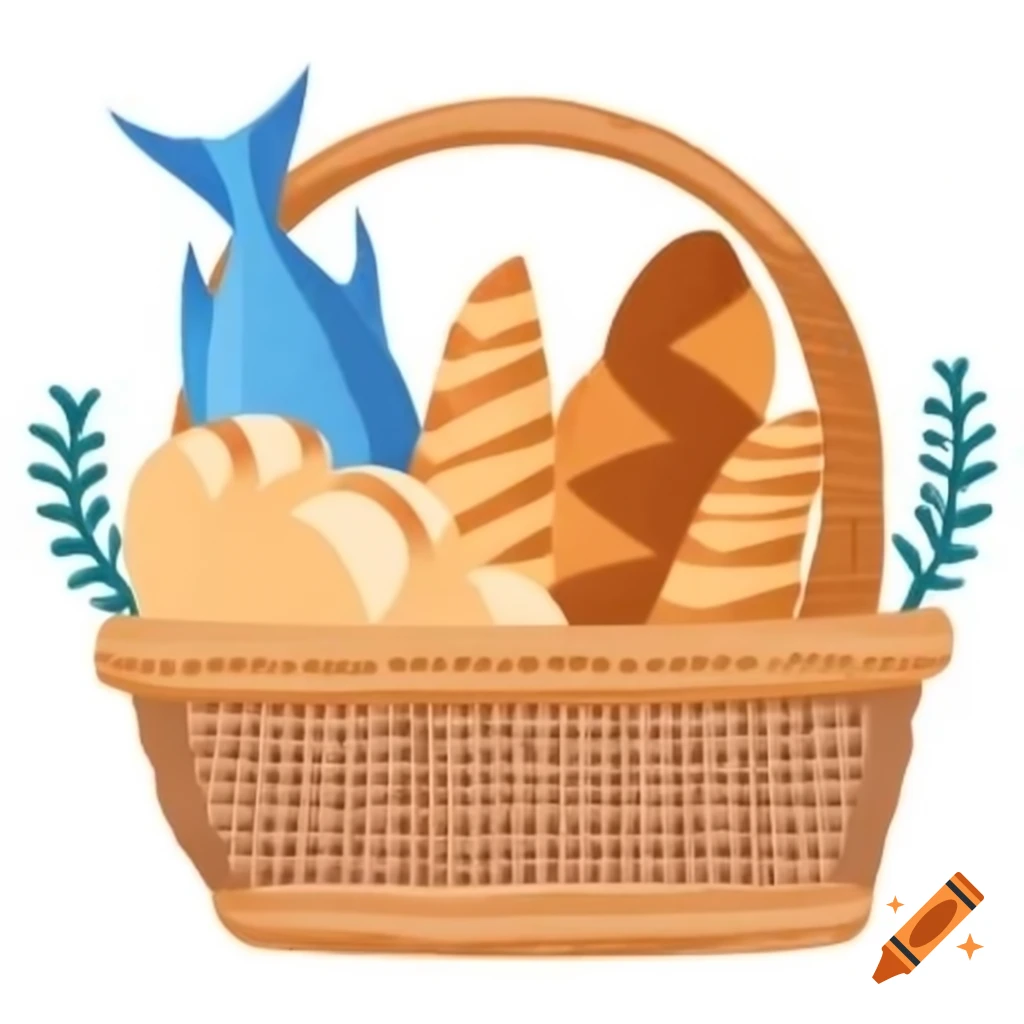 Basket containing five loaves of artisan bread and two fish on Craiyon