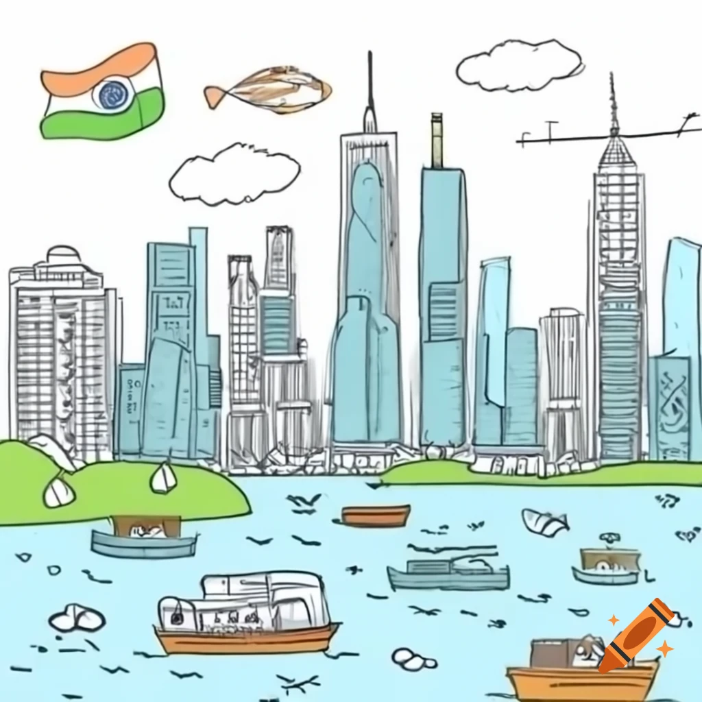 2D line drawing for kids featuring New York City skyscrapers, rivers ...