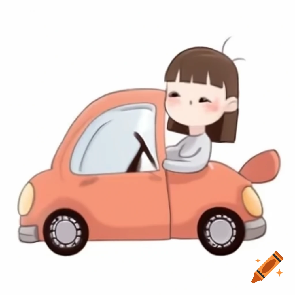 Cute girl driving in a simple colored car drawing on Craiyon
