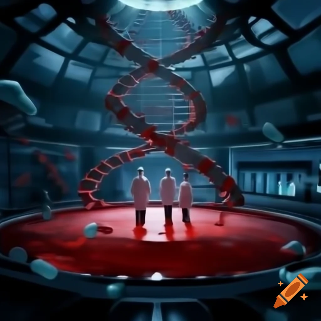 Scientists on red blood cell in futuristic lab with floating dna molecules on Craiyon