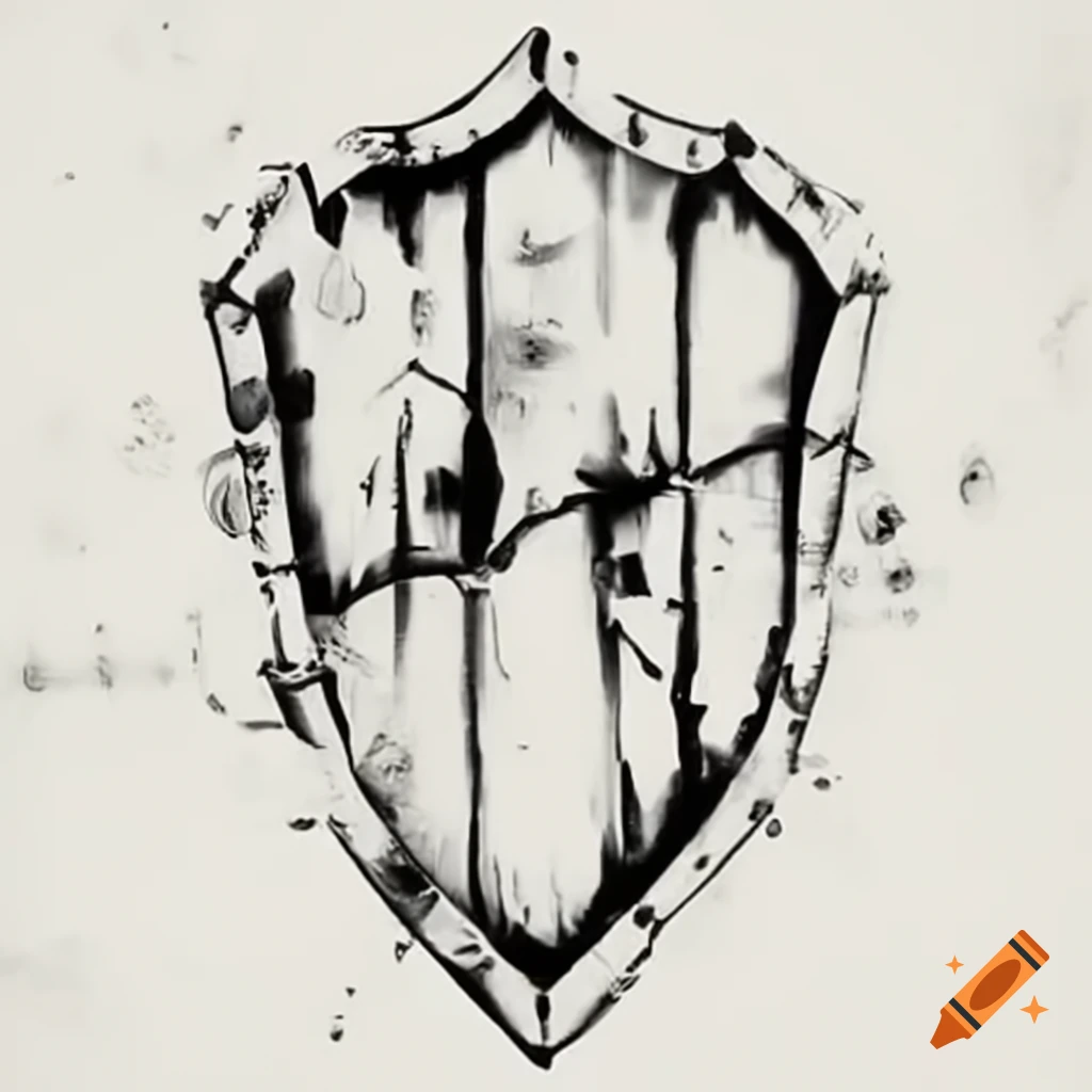 Shabby broken shield in black and white on Craiyon