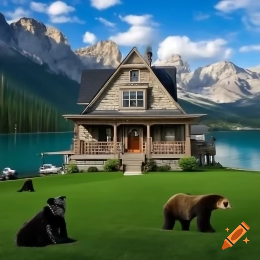 Large stone house with porch by crystal blue lake and mountains, with ...