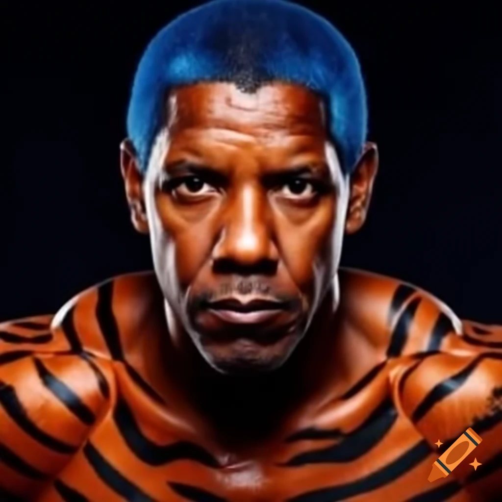 Muscular figure with tiger-style makeup, blue hair and orange skin on ...