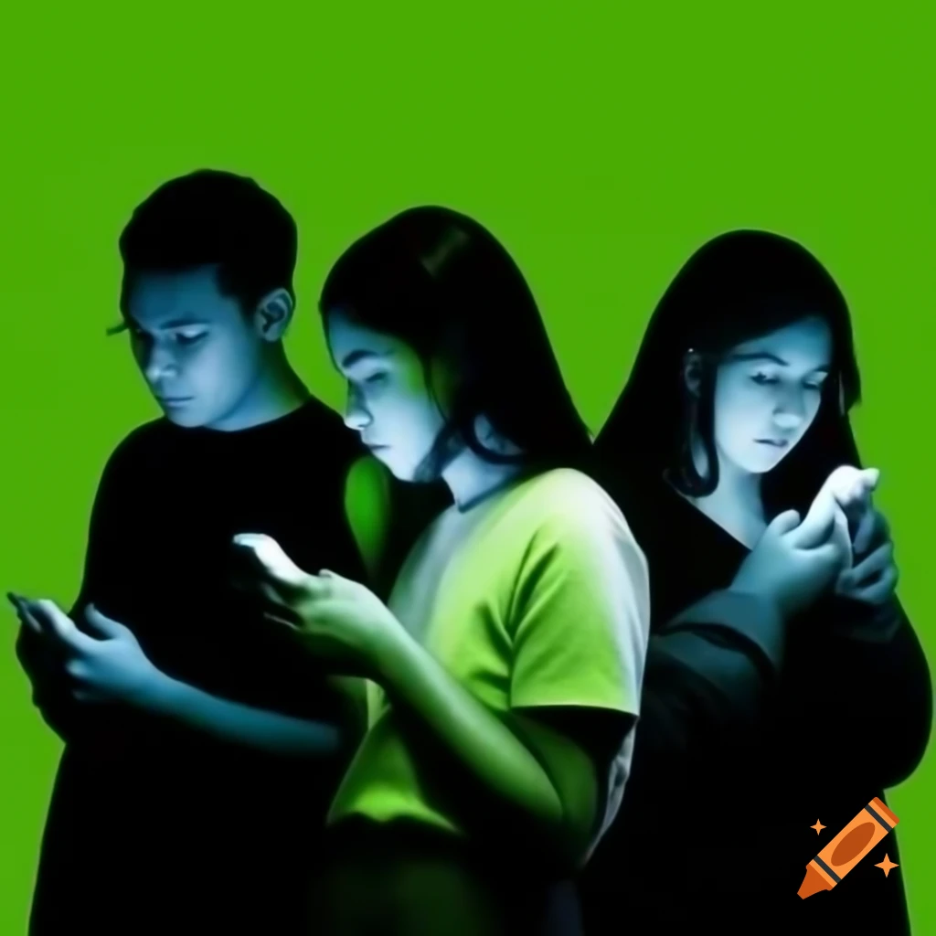 Group of people standing with cell phones in front of bright green ...