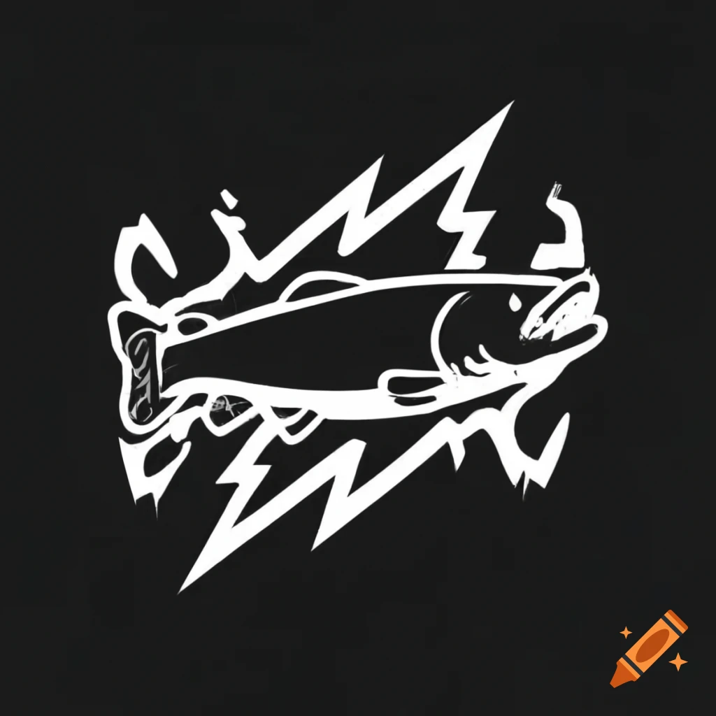 Black and white illustration of trout fish riding a lightning bolt on ...