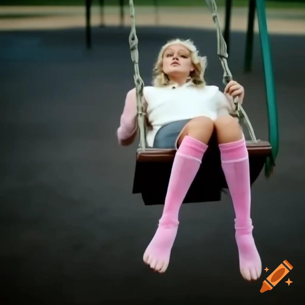 Woman with blonde braids swinging in playground, showing pink sock bottoms on Craiyon