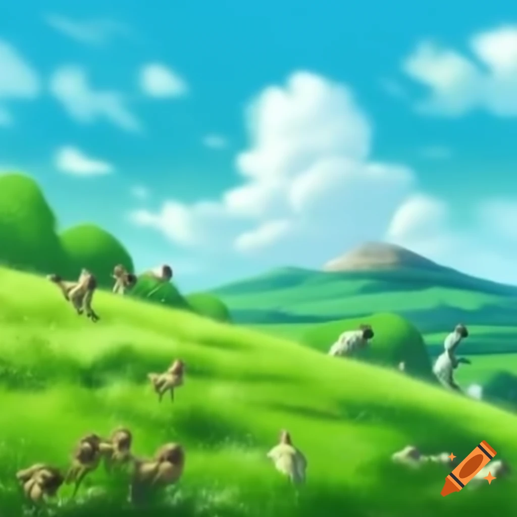 Chihuahuas running up a green grassy hill on Craiyon