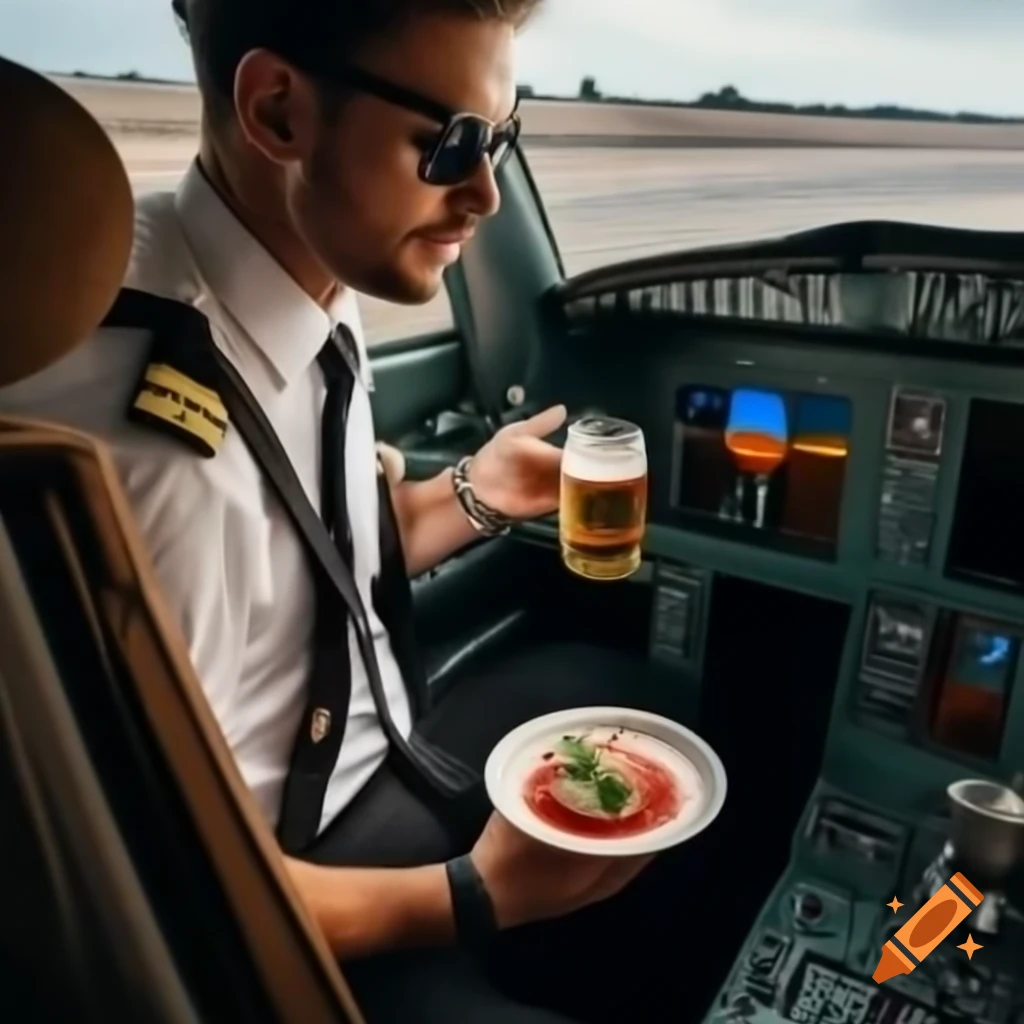 Polish pilot in private jet cockpit with beer and borscht soup on Craiyon