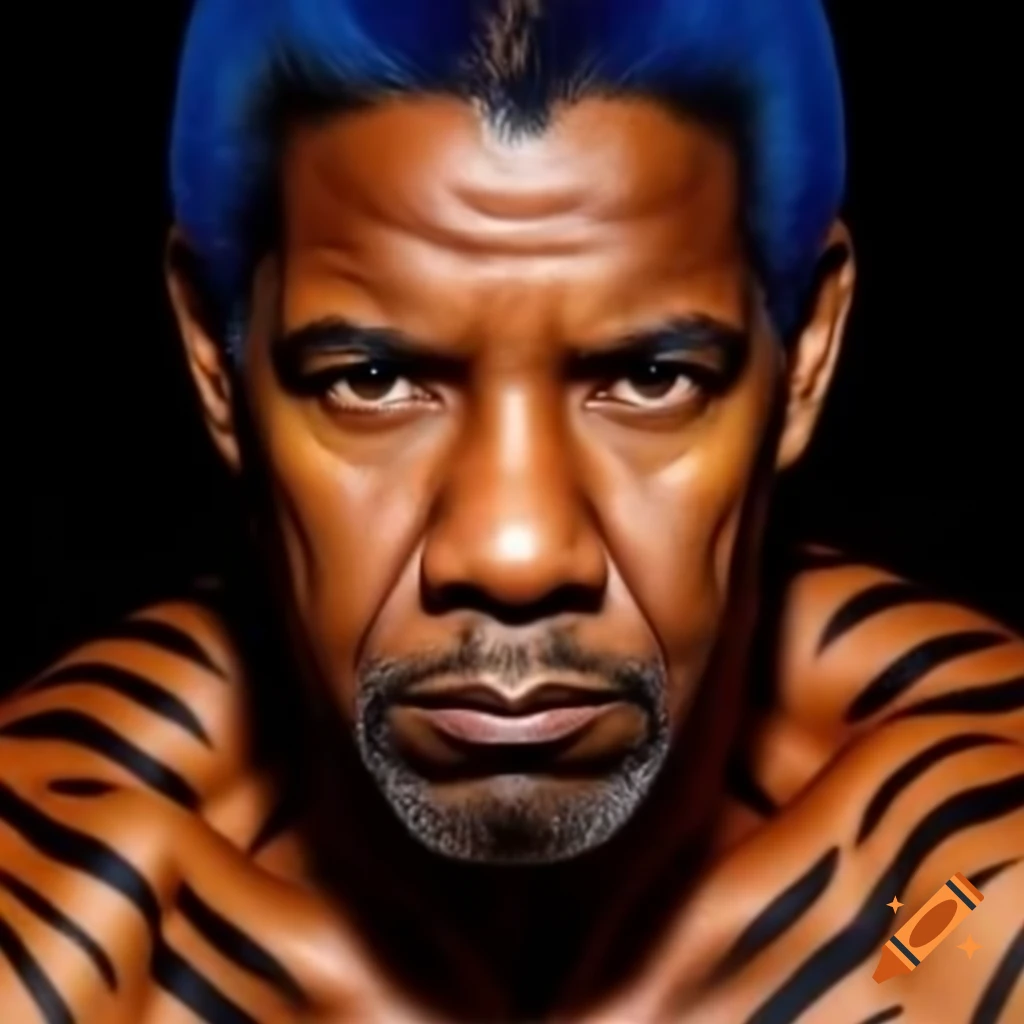 Muscular figure with tiger-style makeup, blue hair, and orange skin on ...