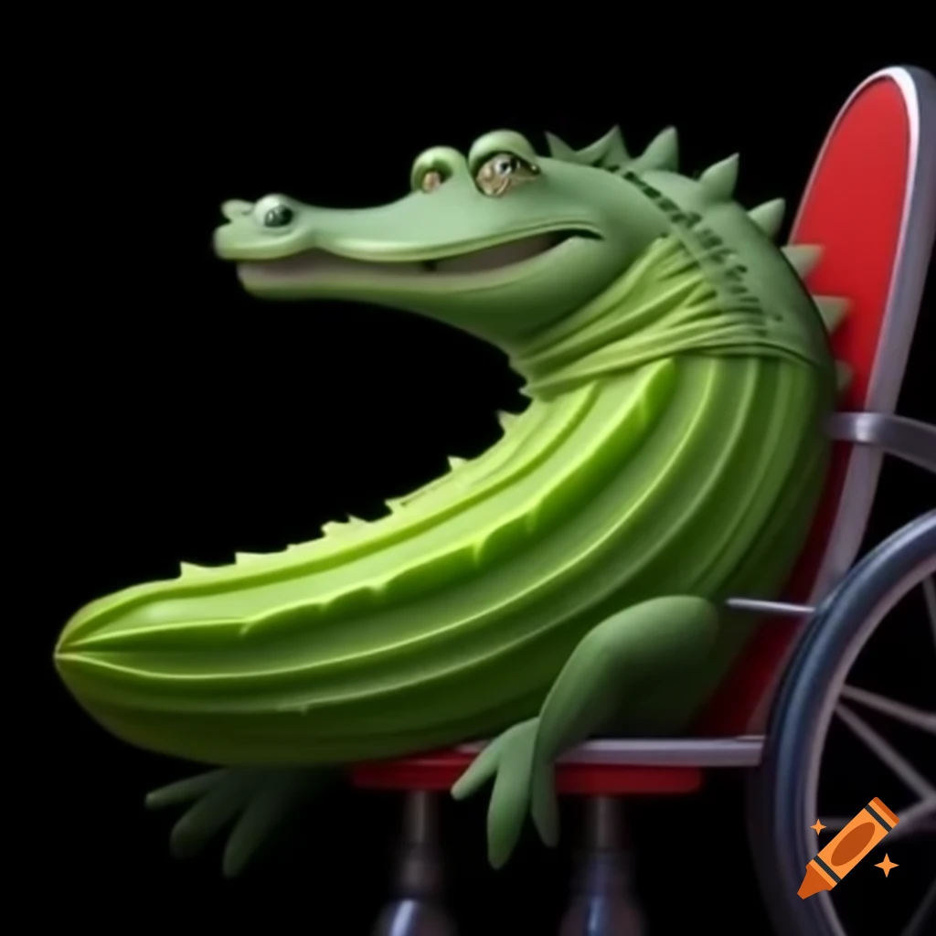 Creative creature design: half pickle, half crocodile in wheelchair on ...