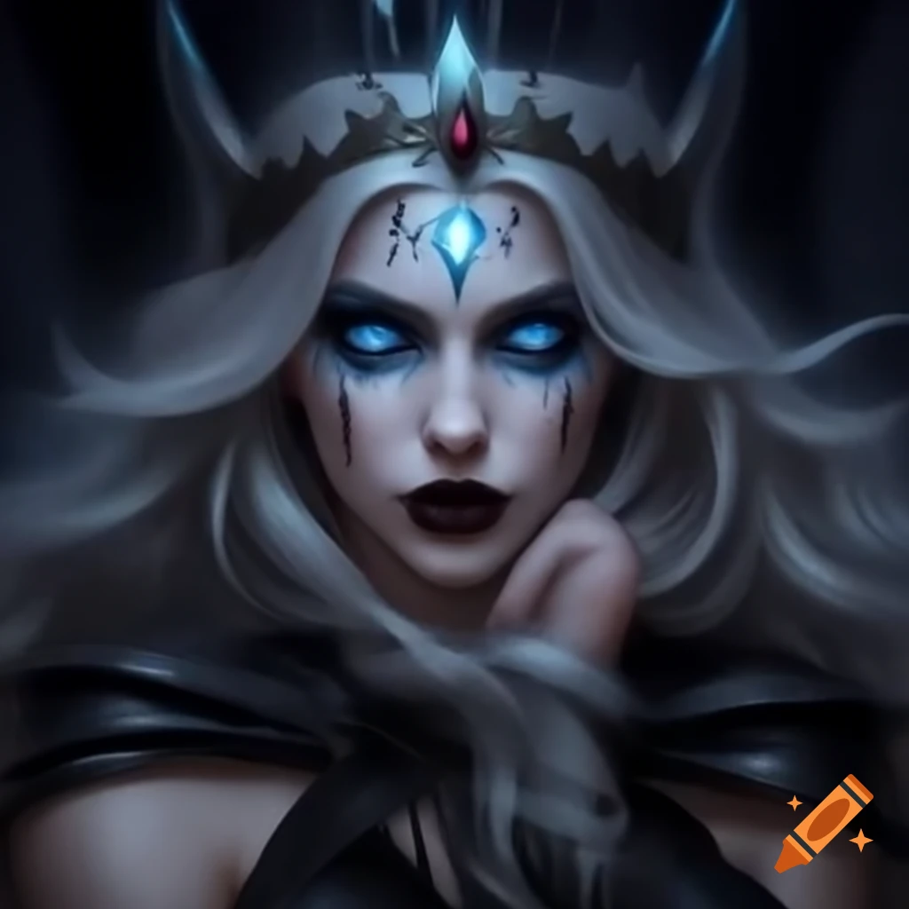 Vampire queen with grey skin, blue eyes, blond hair, crown, and black ...