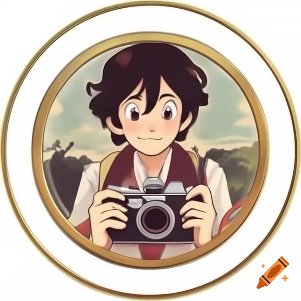 Circular emblem of male ghibli anime character with antique camera on ...