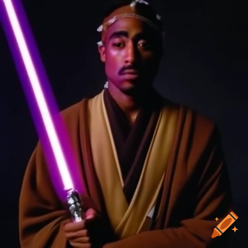 Tupac Shakur in tan Jedi robe wielding a purple lightsaber on Craiyon
