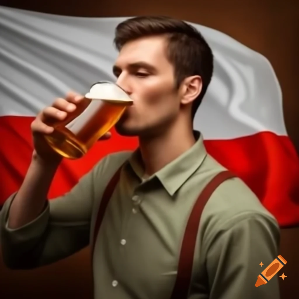 Man holding polish flag while enjoying a beer on Craiyon