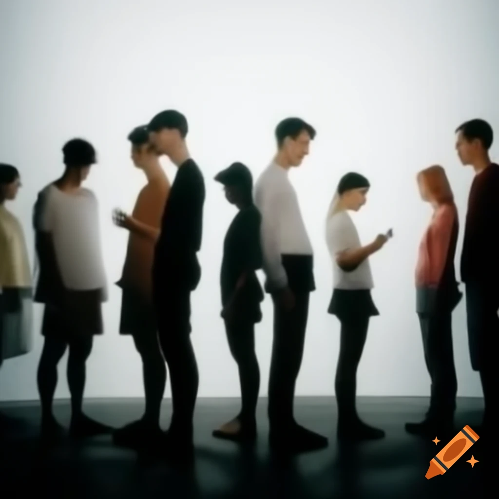 Group of people looking at feet and cell phones in front of white ...