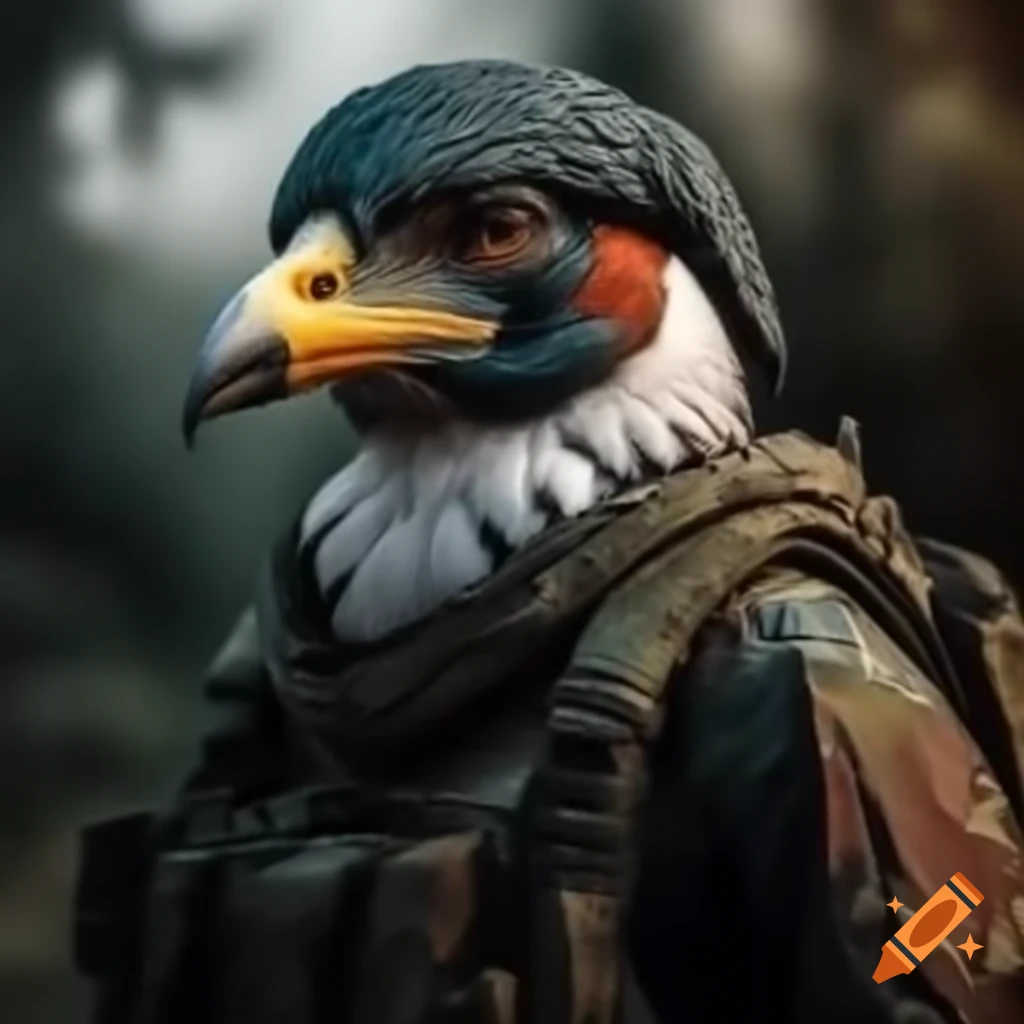 Bird wearing military camouflage patterns on Craiyon