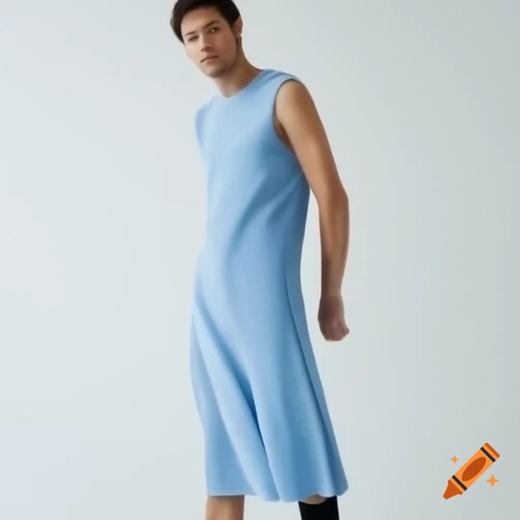 Slender man in blue sleeveless dress, showcasing fashion and style on ...