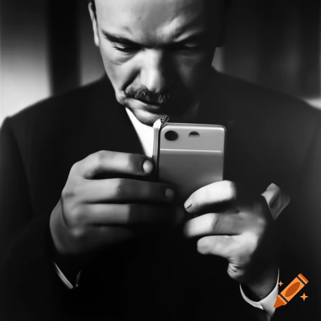 Vladimir lenin holding smartphone with a fearful expression on Craiyon
