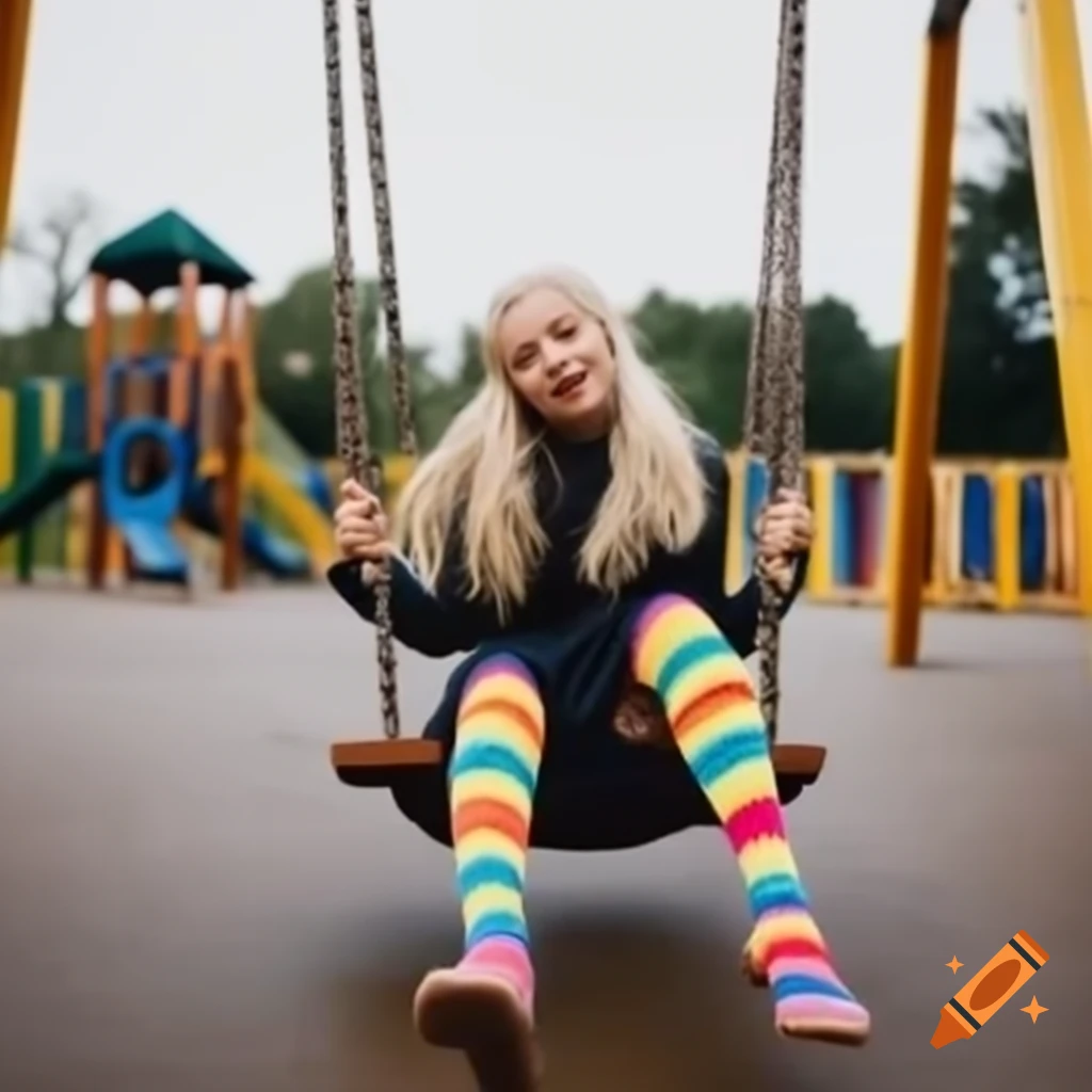 Woman swinging in playground with rainbow socks, feet up in air on Craiyon
