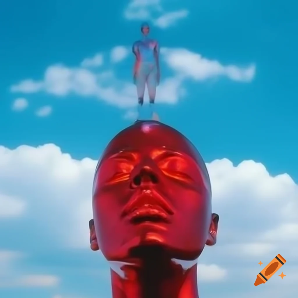 Pop surreal photography featuring red iridescent glass statue against ...