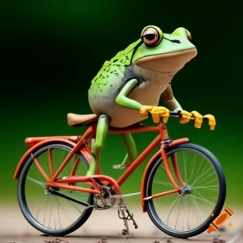 Photo realistic frog riding a bicycle on Craiyon