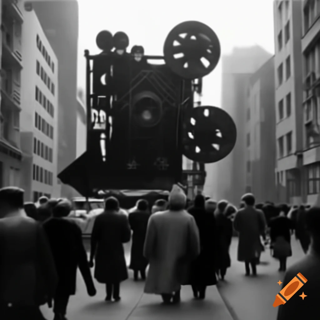 Massive film projector displaying busy urban street scene with people ...