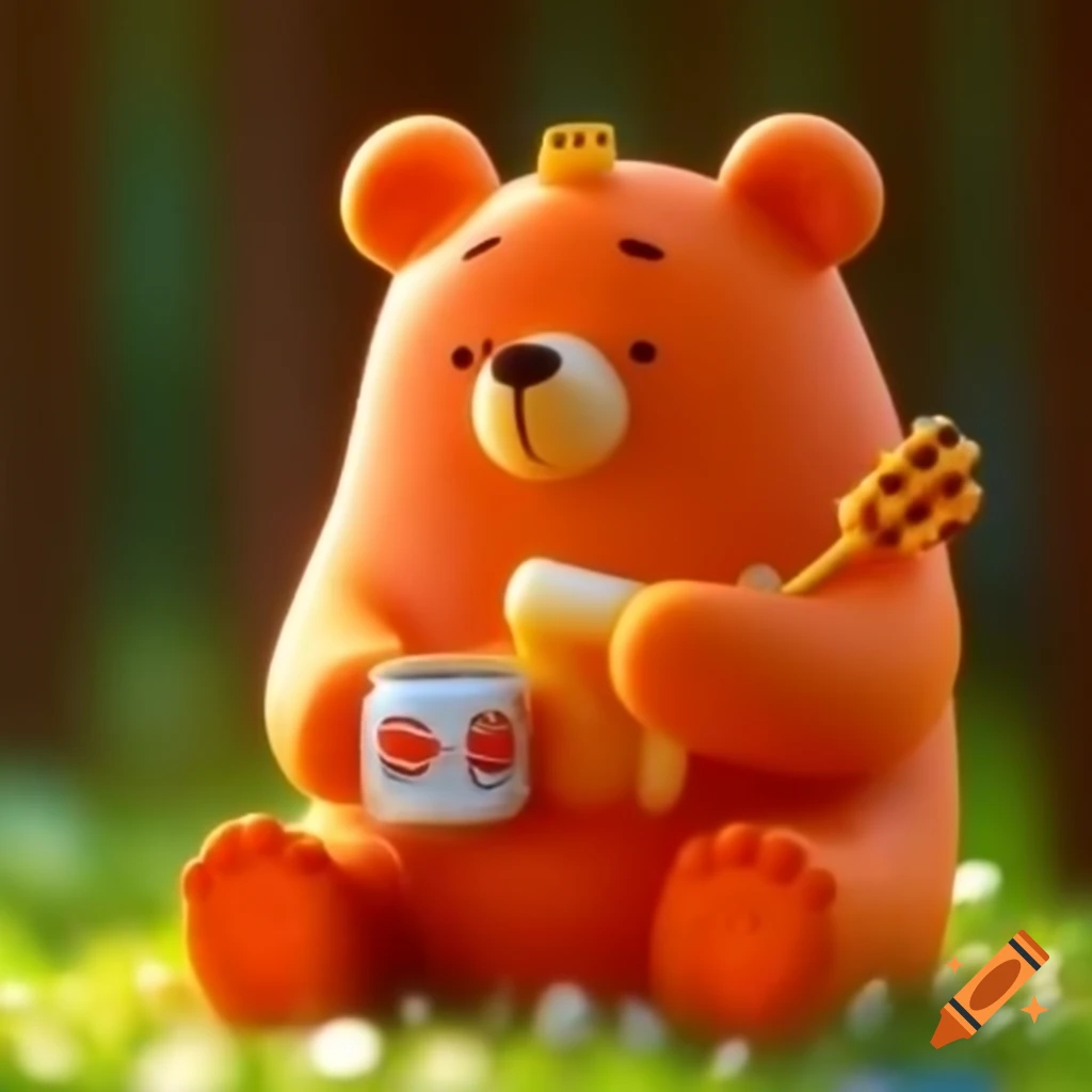 Orange winged bear holding cup of honey with glass on its face on Craiyon
