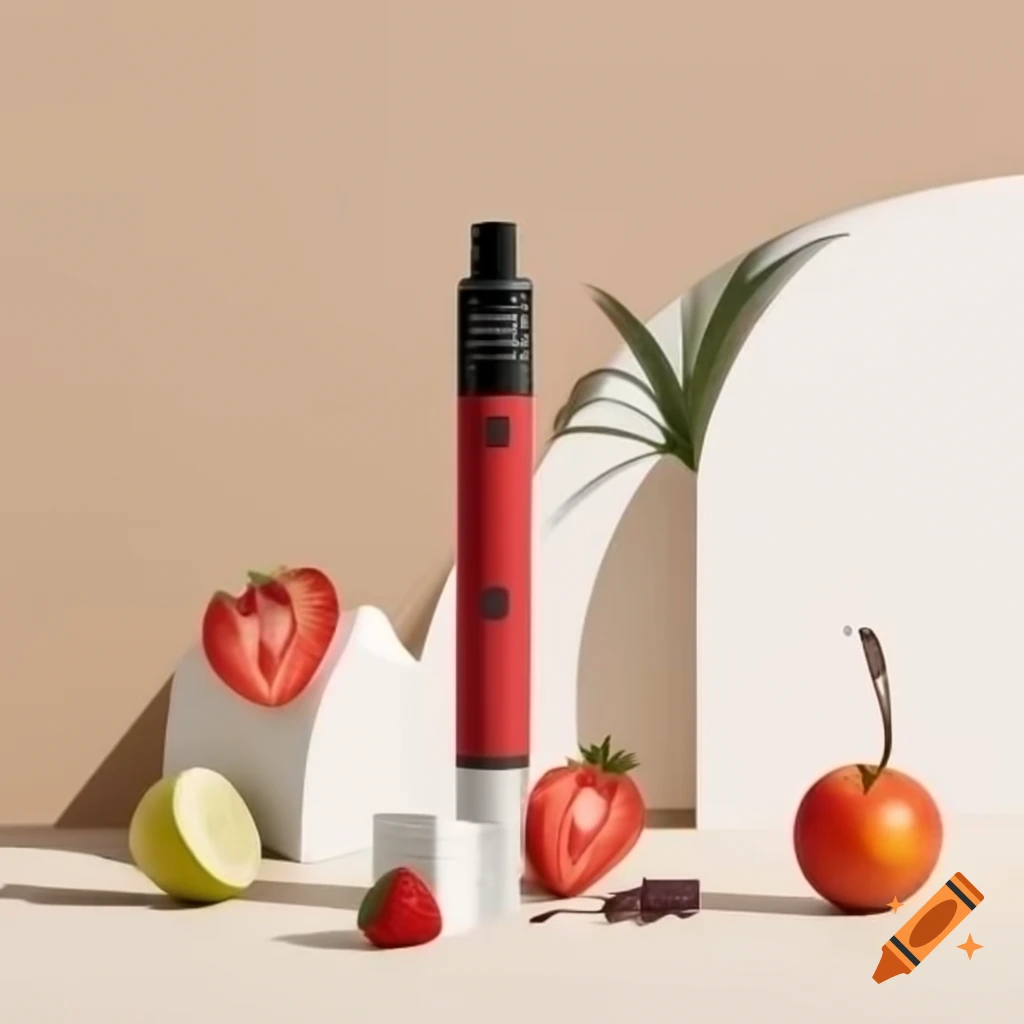 Vita vape surrounded by fresh herbs and fruits in minimalist setting on ...