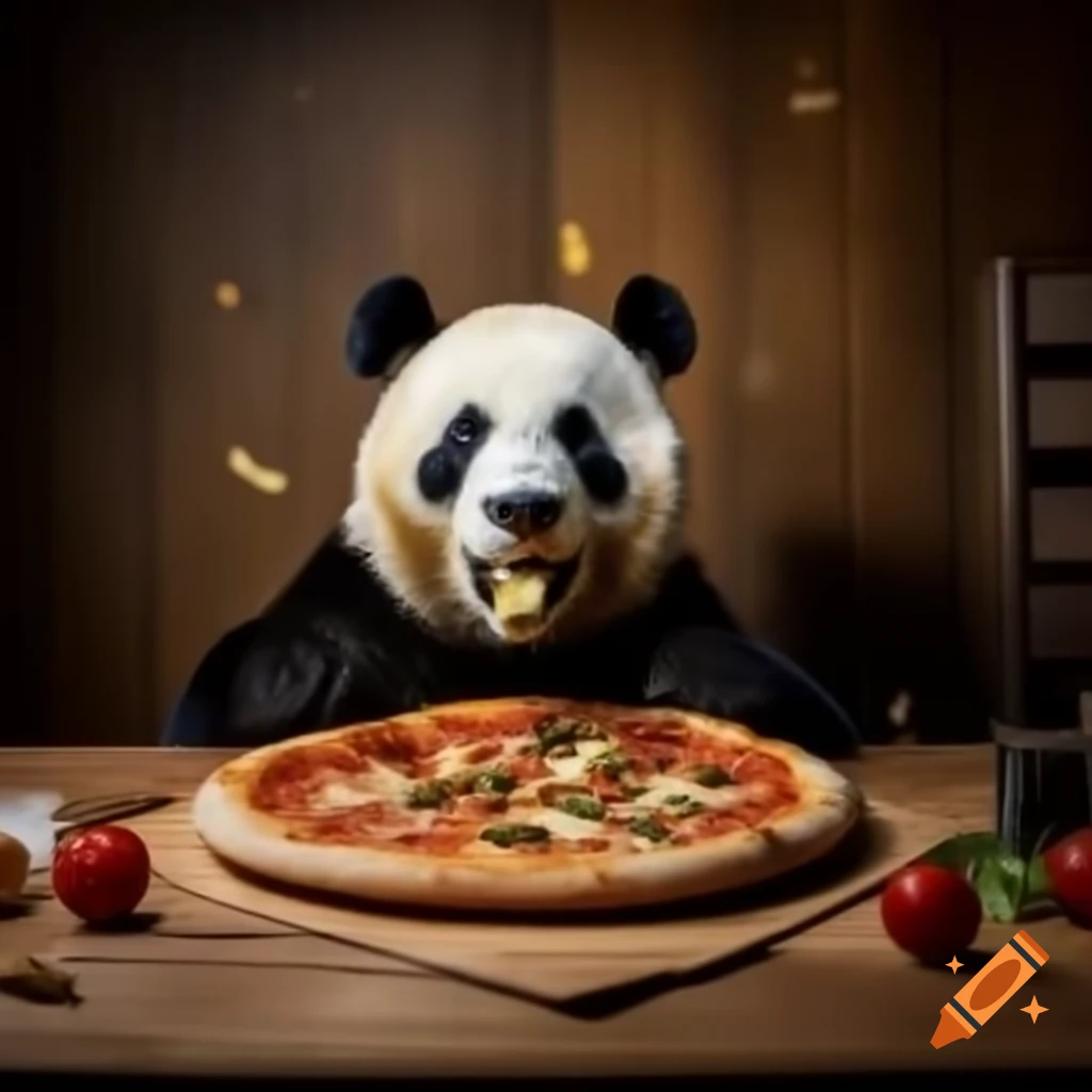 Photo realistic panda eating pizza with empty boxes around, cheese on ...