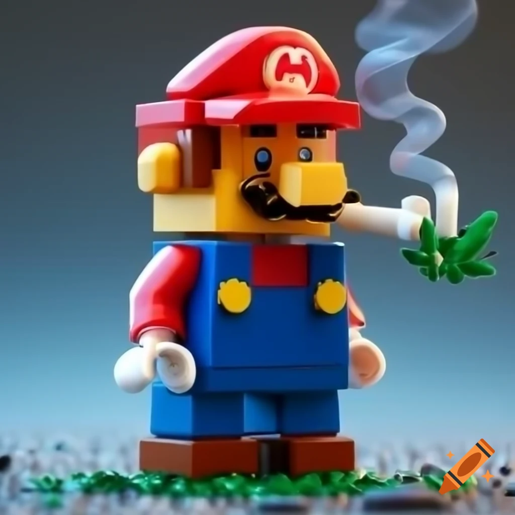 Lego figure dressed as mario in a playful pose on Craiyon