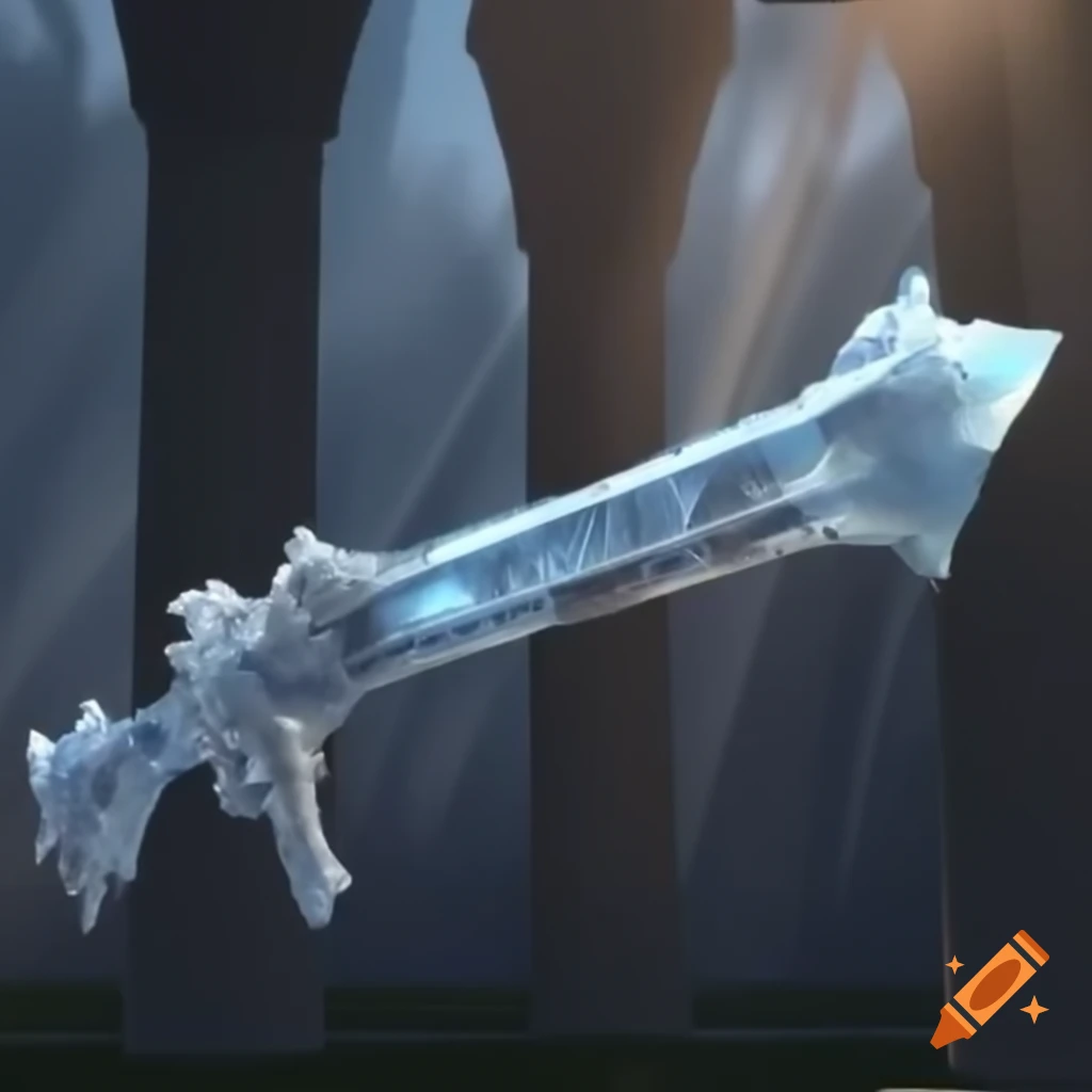 Crystalline marksman rifle with sapphire etchings in winter sunlight on ...