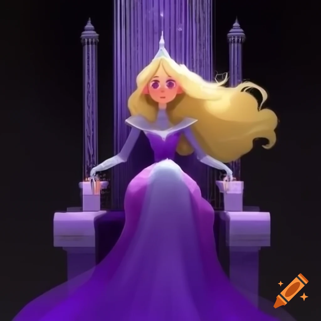 Young empress with blonde hair on amethyst throne in silver and purple ...