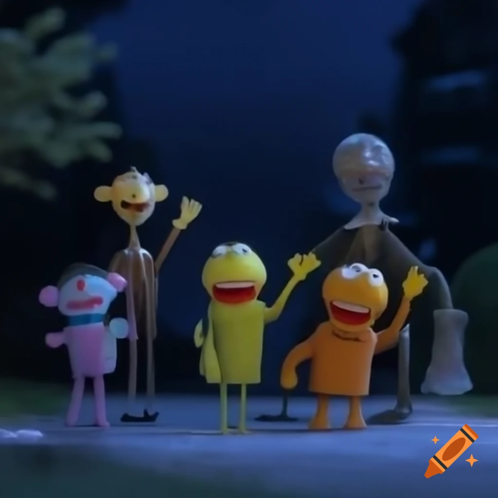 Animated night scene featuring humorous puppets on Craiyon