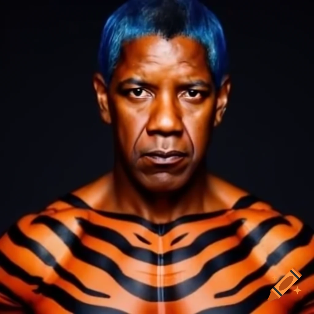 Person with tiger-style makeup featuring blue hair and orange skin on ...