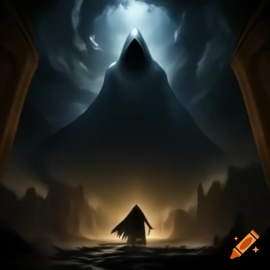 Cloaked figure beside ancient monolith under outer space on Craiyon