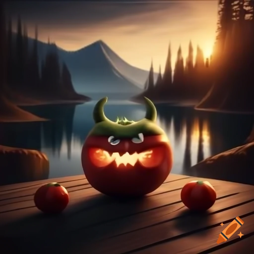 Close-up of hyper-trans-dimensional human face with tomato monster ...