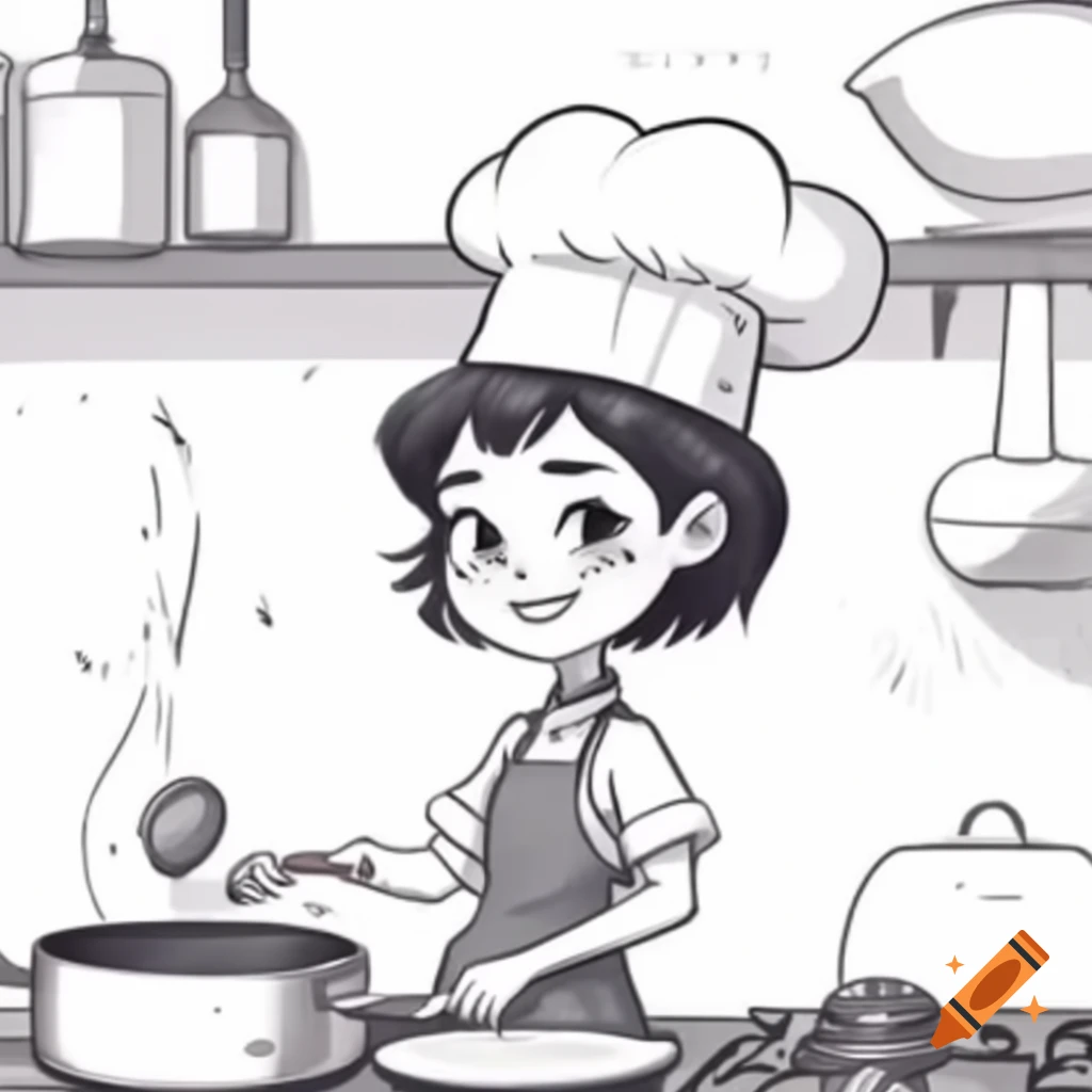 Short haired girl in chef costume cooking a dish on Craiyon