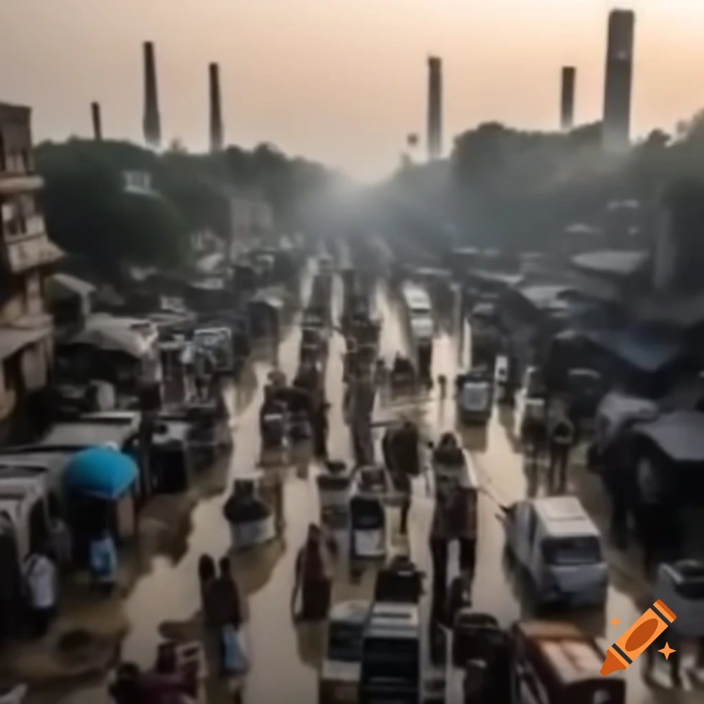 Pollution in india with crowded urban street, dense traffic, and ...