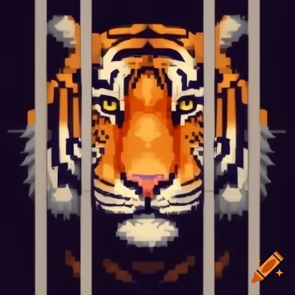 Close-up of tiger's face behind bars in pixel art style on Craiyon