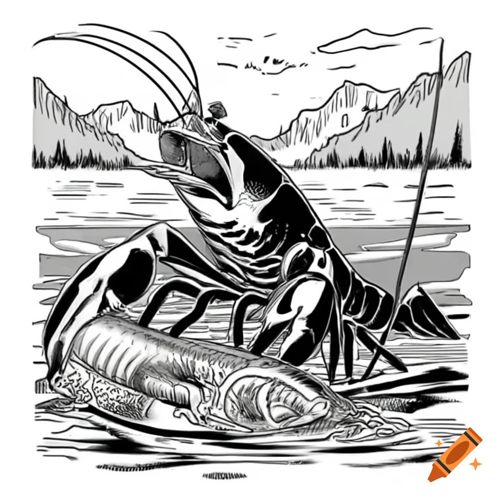 Angry crayfish fishing in river, dark comic book style on Craiyon