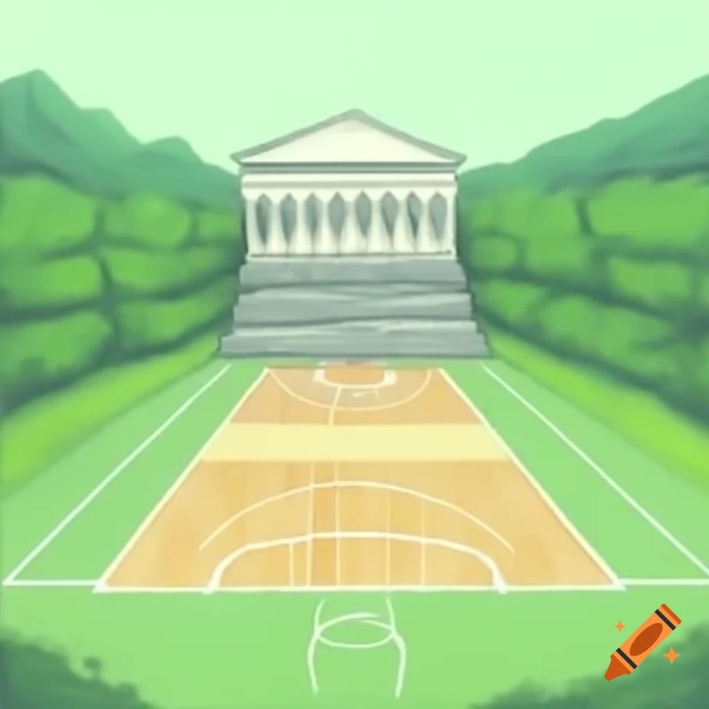Basketball court themed as green forest and Ancient Greek temple on Craiyon