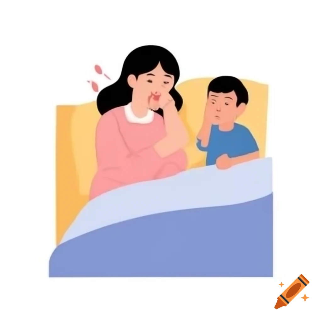 Mother in bed recovering from illness with distressed son by her side ...