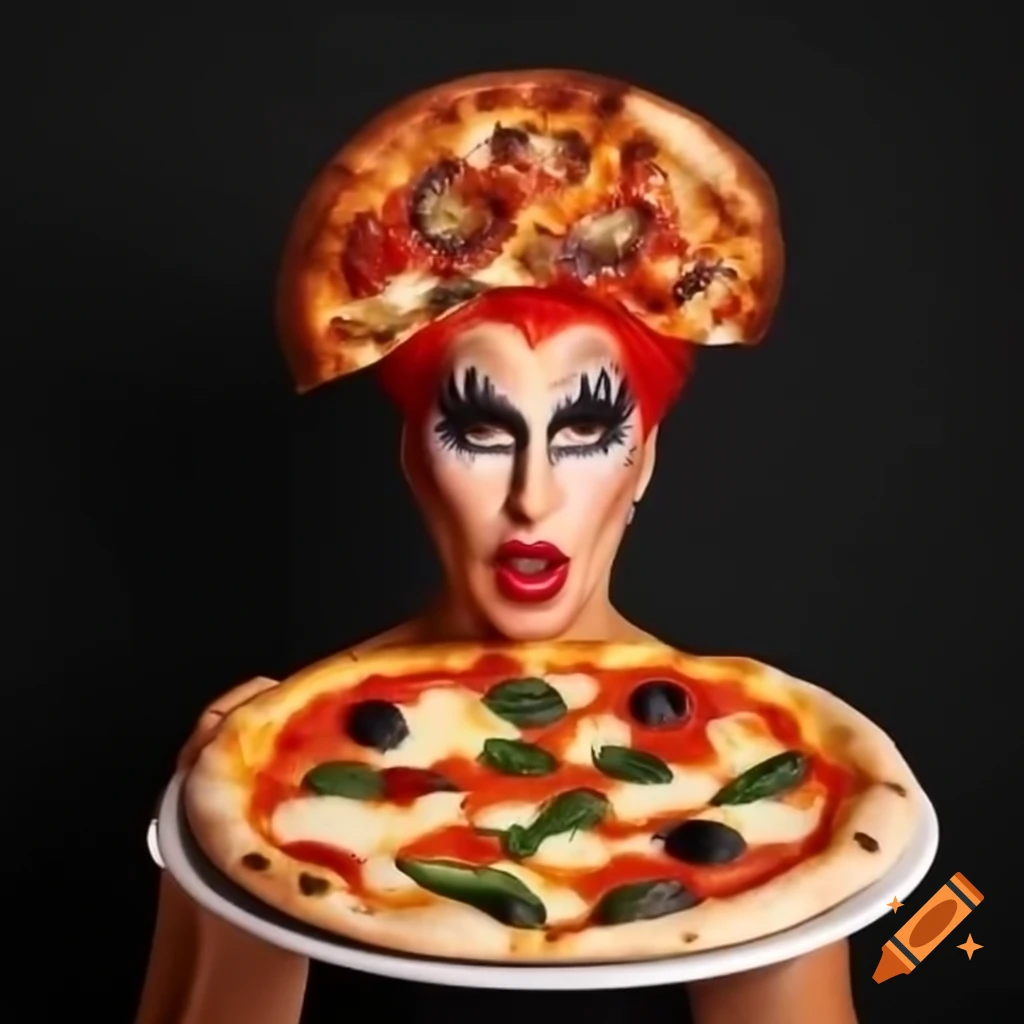 Drag queen with pizza costume headpiece on Craiyon