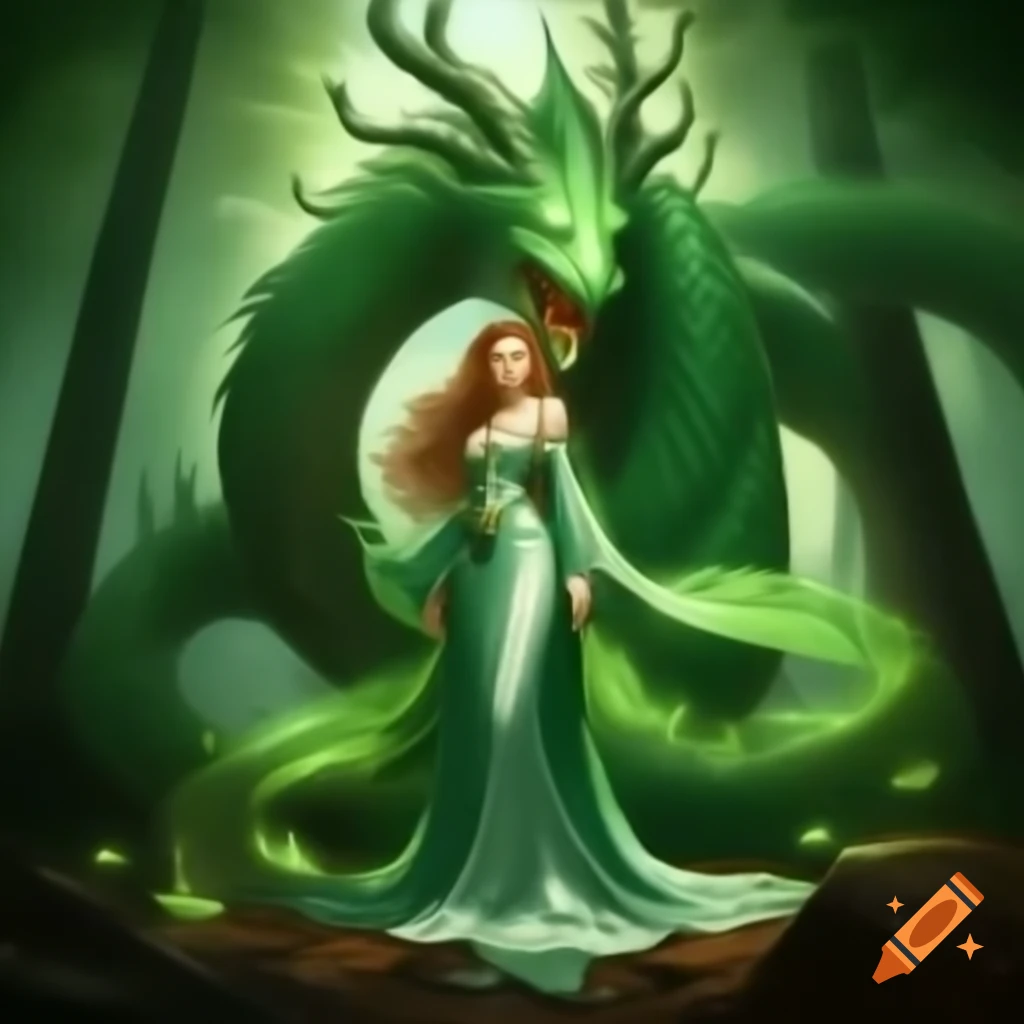 Princess in green gown next to emerald dragon in enchanted forest with ...