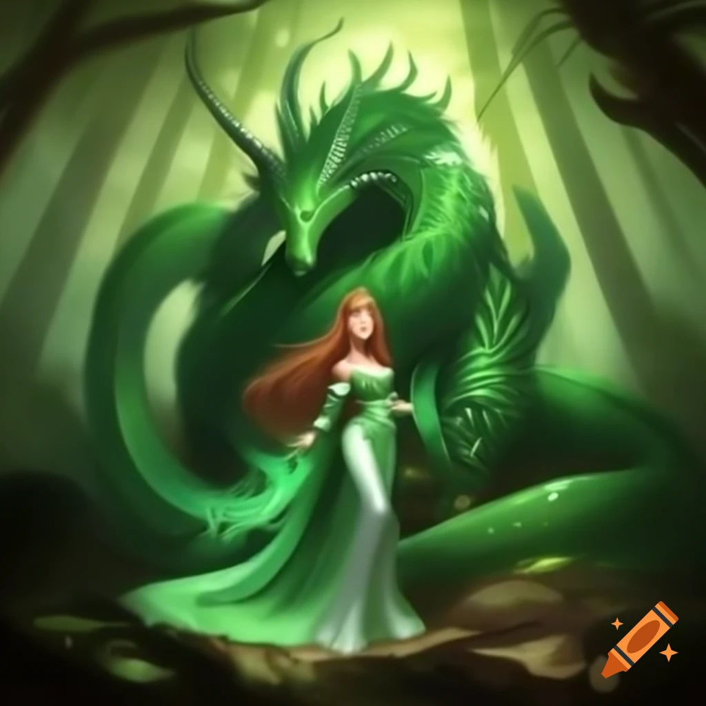 Princess in green gown next to emerald dragon in enchanted forest with ...