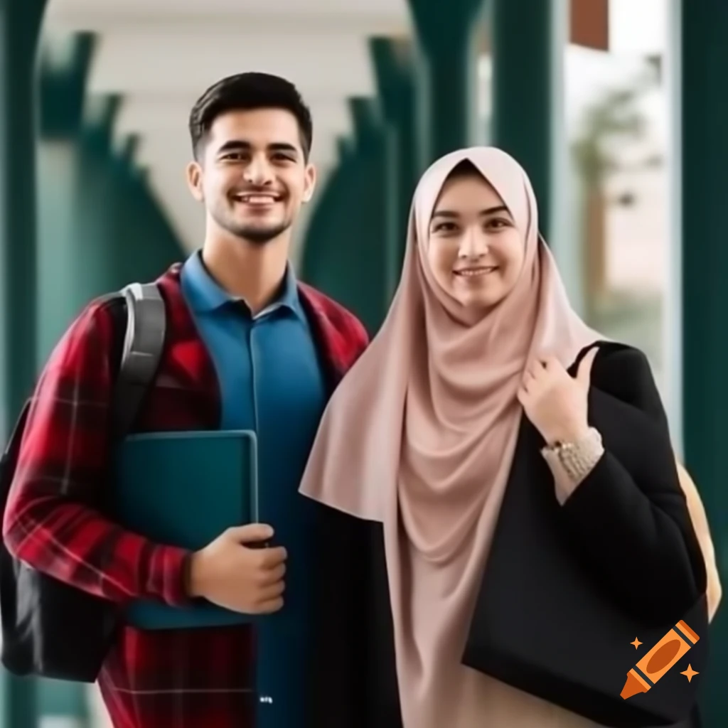 University student male and muslim female in academic setting on Craiyon